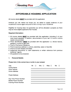 Fillable Online Housing Plus Affordable Housing Application Form Fax ...