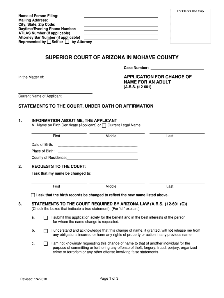 Fillable Online mohavecourts az Application for Change of Name for an ...