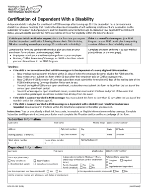 Fillable Online hca wa Certification of Dependent With a Disability Fax ...