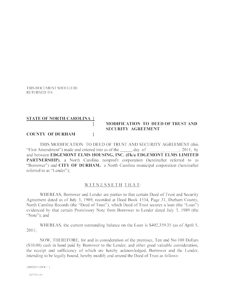 Fillable Online durhamnc Durham - Second Amendment to Deed of Trust ...