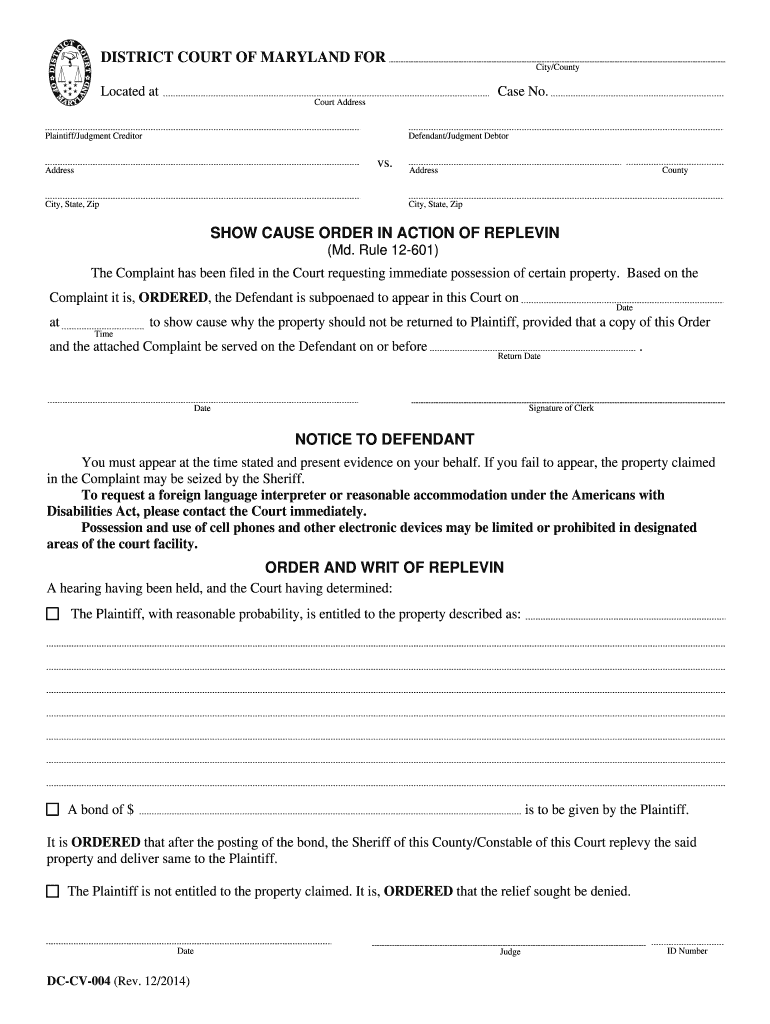 Fillable Online mdcourts District court of maryland for show cause order in ... - Maryland ...