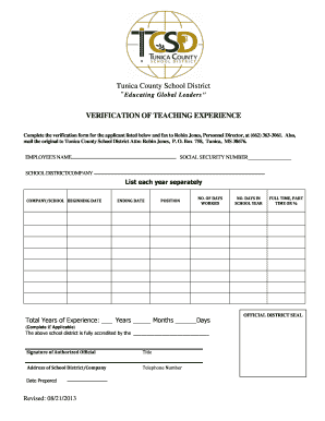 Fillable Online Verification of Teaching Experience - Tunica County ...