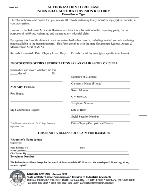 Fillable Online laborcommission utah Form 205 AUTHORIZATION TO RELEASE ...