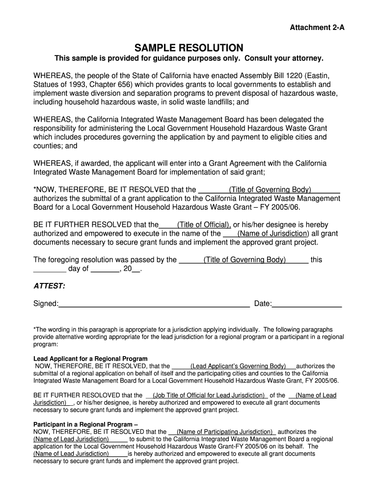 Fillable Online calrecycle ca Sample Resolutions and Letter of ...