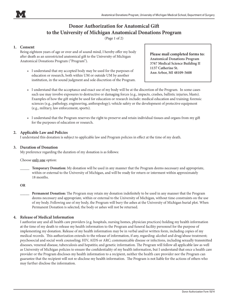 Fillable Online med umich Anatomical Donations Program, University of Michigan Medical School ...