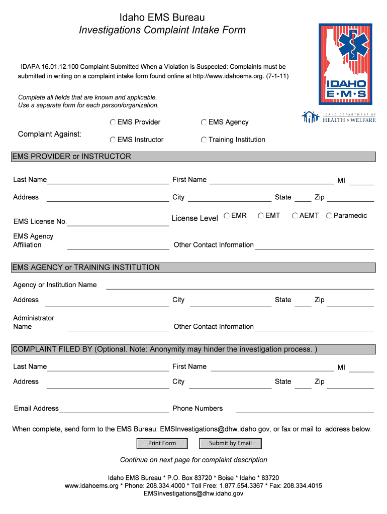 Fillable Online healthandwelfare idaho Idaho EMS Bureau Investigations ...