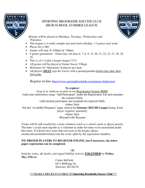 Fillable Online SPORTING BROOKSIDE SOCCER CLUB HIGH SCHOOL ... Fax ...