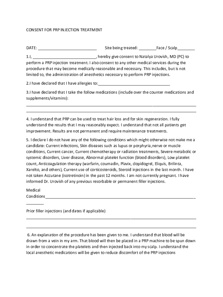 Fillable Online CONSENT FOR PRP INJECTION TREATMENT DATE: Site being ...