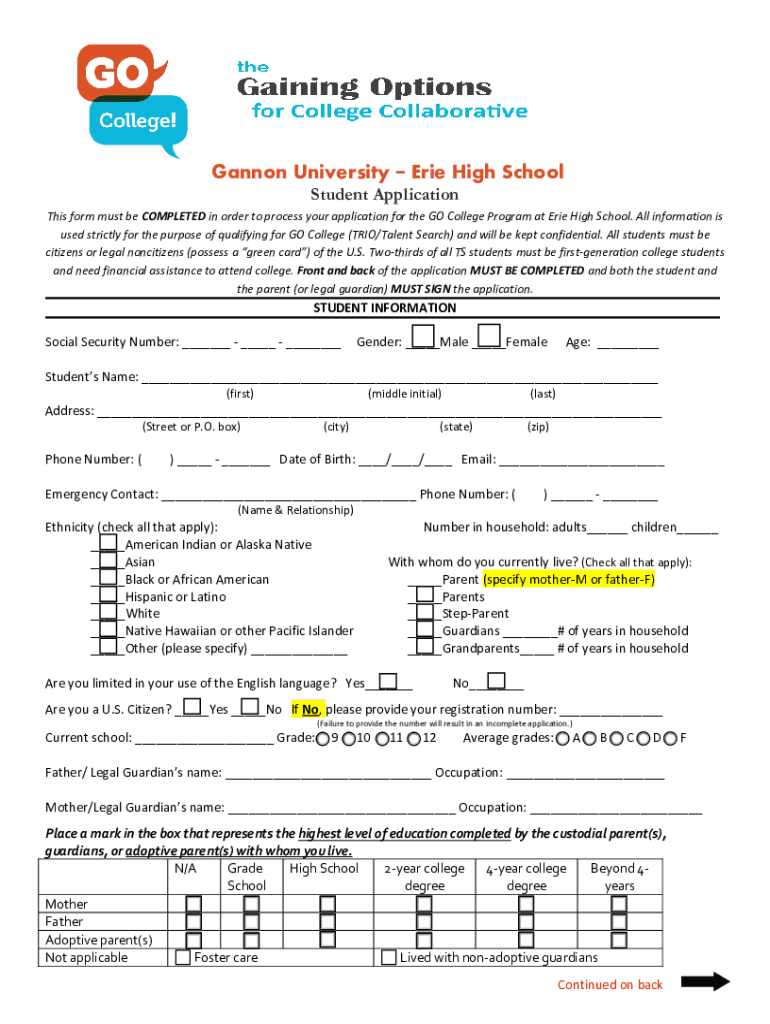 Fillable Online Gannon University Erie High School Fax Email Print ...