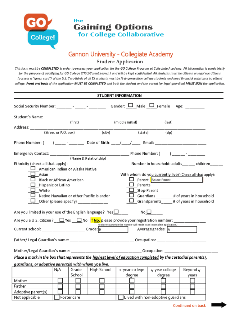 Fillable Online Gannon University - Collegiate Academy Fax Email Print ...