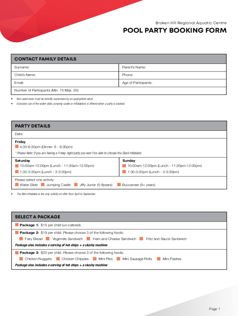 Fillable Online POOL PARTY BOOKING FORM - cloudfront.net Fax Email ...