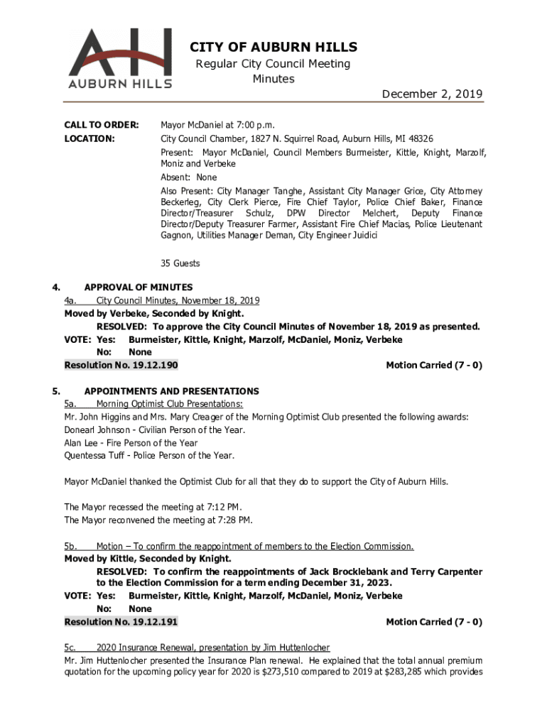 Fillable Online Present: Mayor McDaniel, Council Members Burmeister, Kittle, Knight, Marzolf ...