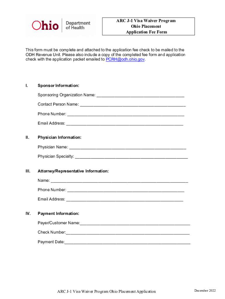 Fillable Online ARC J-1 Visa Waiver Program Ohio Placement Application ...