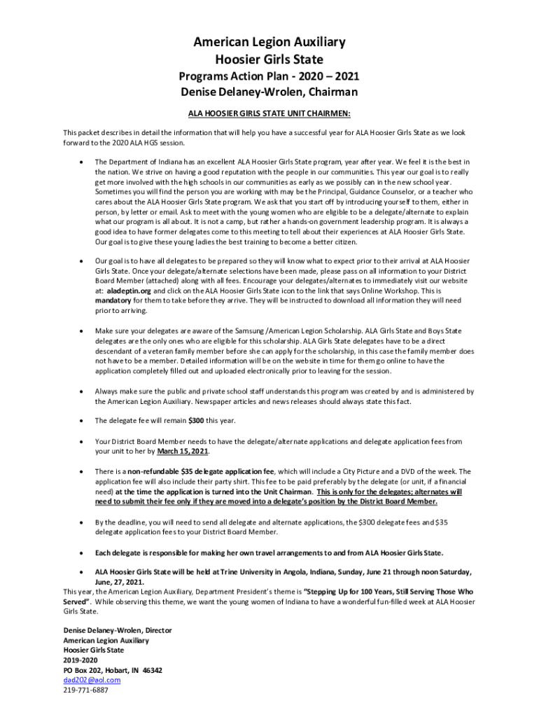 Fillable Online American Legion Auxiliary Hoosier Girls State Fax Email ...