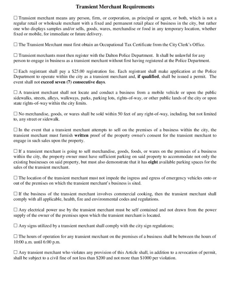 Fillable Online Transient Merchant Requirements Fax Email Print - pdfFiller