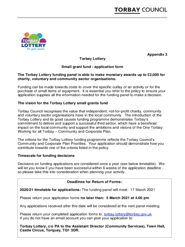 Fillable Online Appendix 3 Torbay Lottery Small grant fund ...