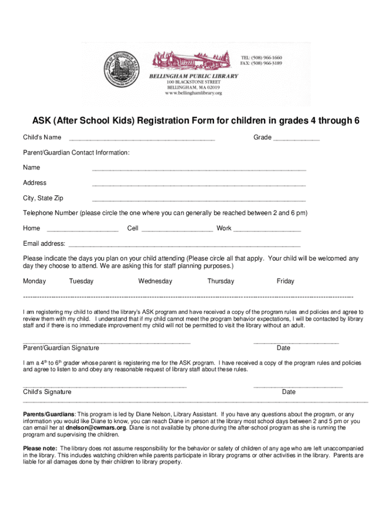 Fillable Online ASK (After School Kids) Registration Form for children ...