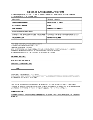Fillable Online KIDS PLUS CLASS REGISTRATION FORM Fax Email Print ...