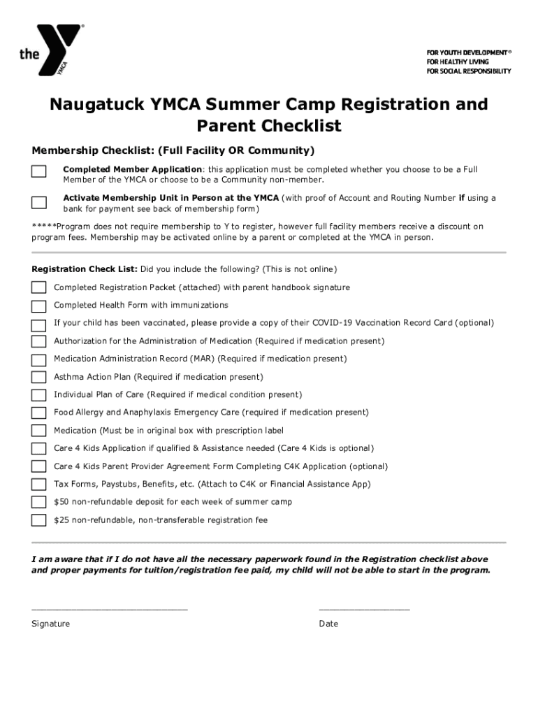 Fillable Online Naugatuck YMCA Summer Camp Registration and Parent ...