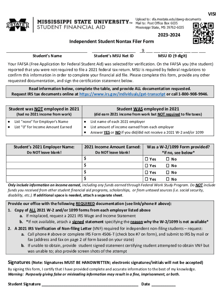 Fillable Online VISI 2023-2024 Independent Student Nontax Filer Form ...
