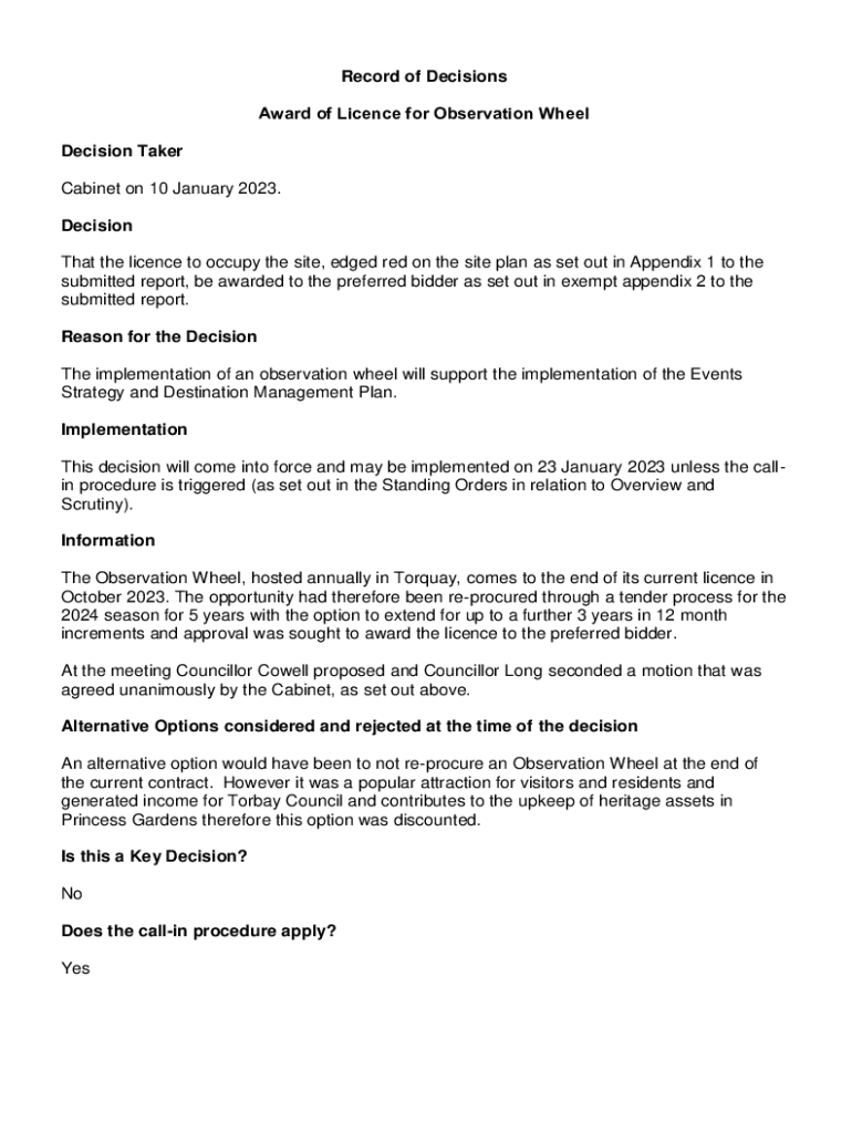 Fillable Online Record of Decision Award of Licence Observation Wheel Fax Email Print - pdfFiller