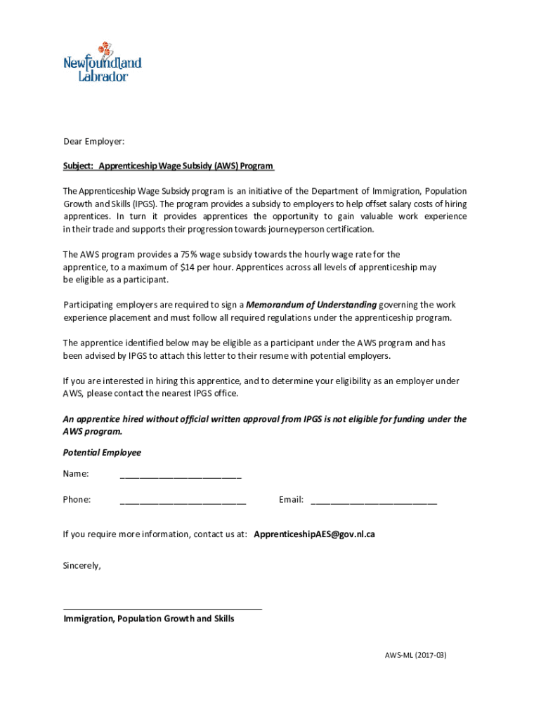 Fillable Online Subject: Apprenticeship Wage Subsidy (AWS) Program Fax ...