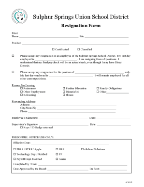 Fillable Online Resignation Form - Sulphur Springs Union School ...
