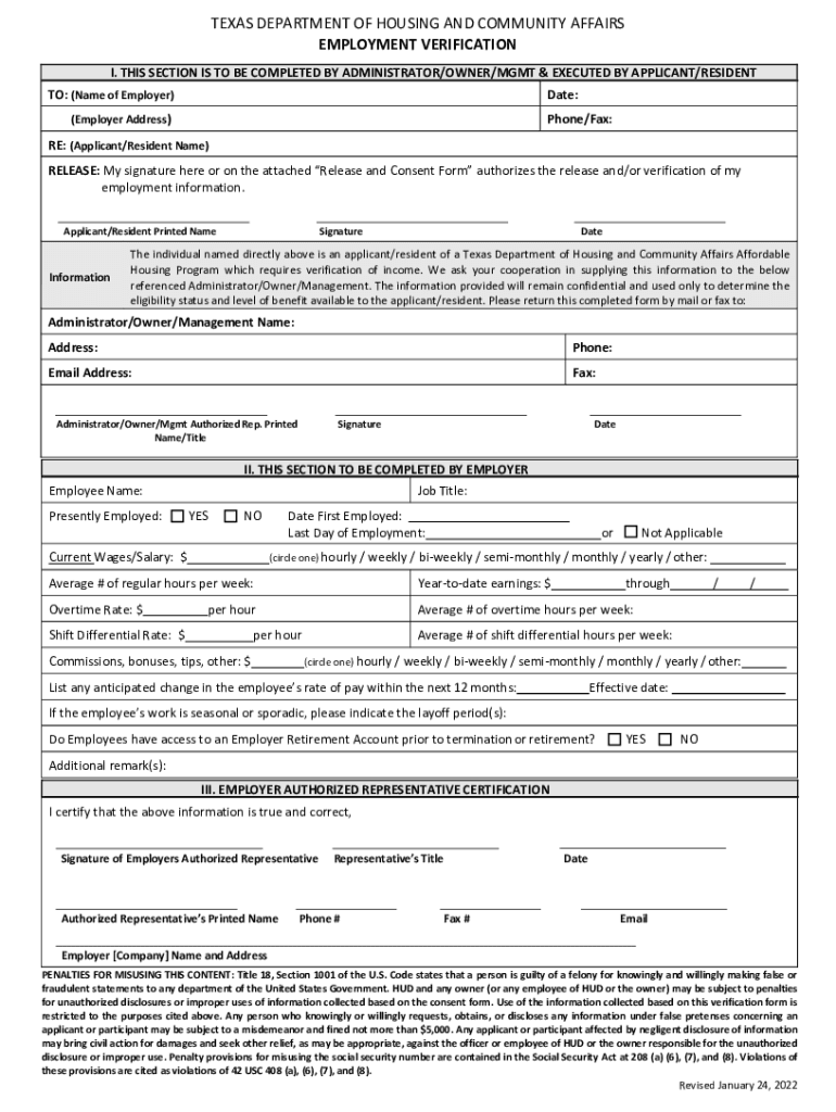 2022 2024 Form TX TDHCA Employment Verification Fill Online Printable 2022 2024 Form TX TDHCA Employment Verification Fill Online Printable