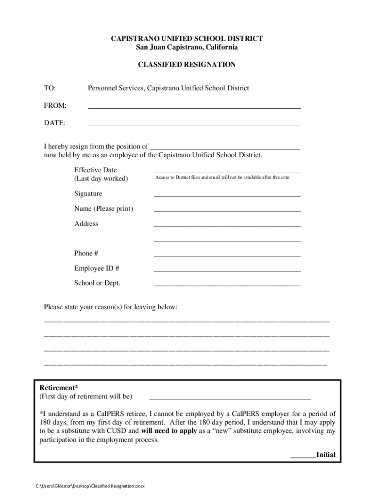 Fillable Online resolution terminating services of classified employee ...