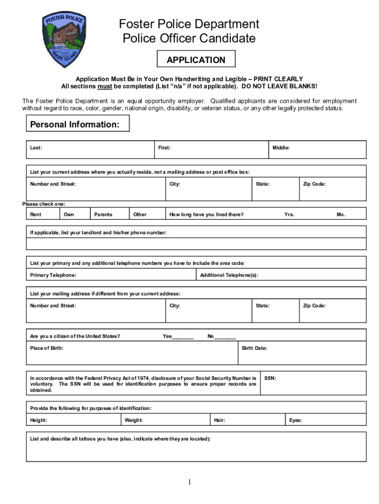 Fillable Online Foster Police Department Police Officer Candidate Fax ...
