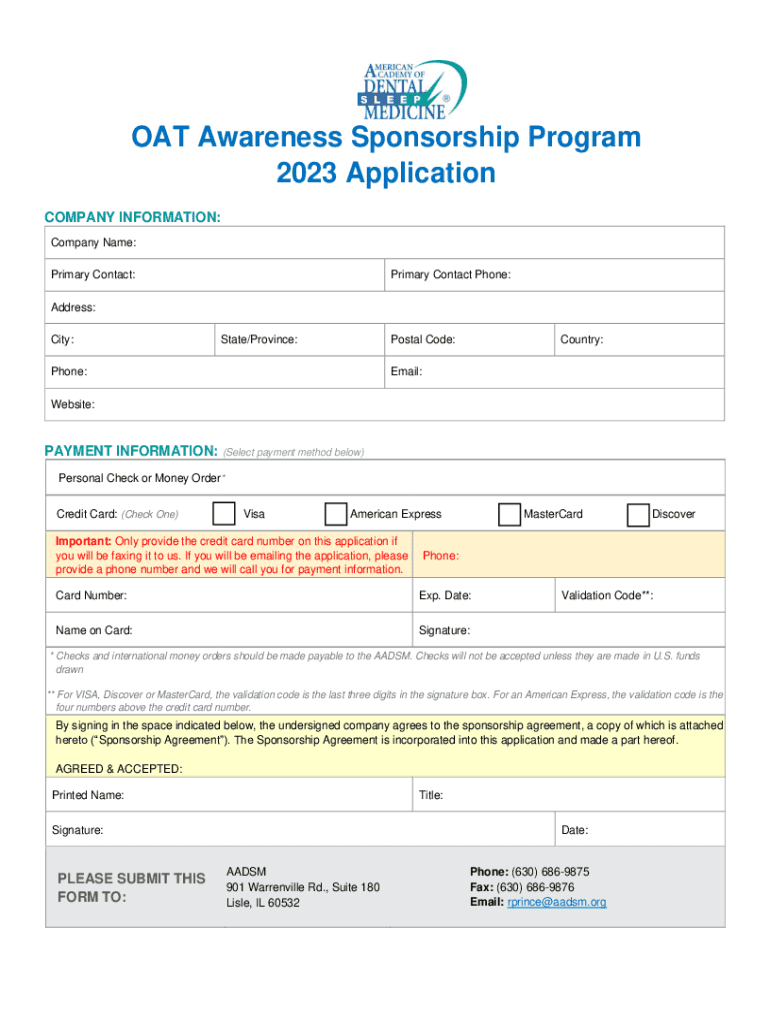 Fillable Online OAT Awareness Sponsorship Program 2023 Application Fax ...