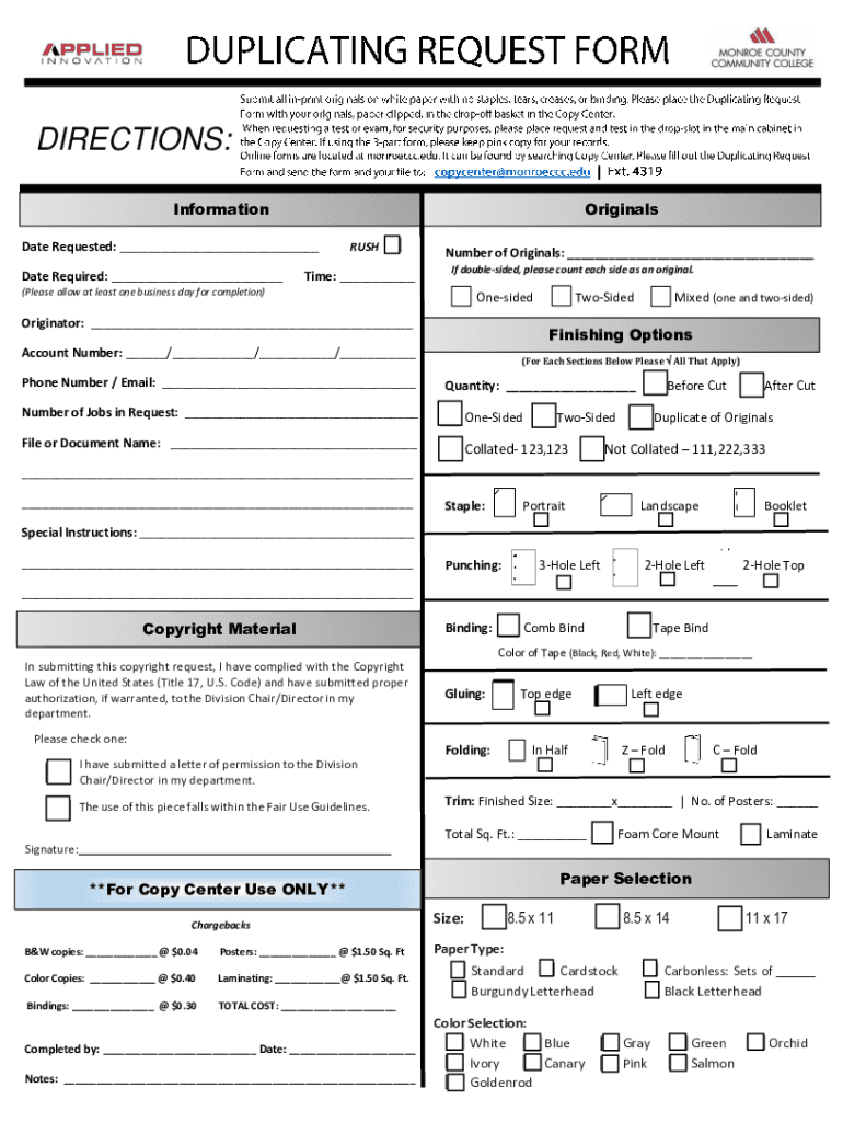 Fillable Online DUPLICATING REQUEST FORM Fax Email Print - pdfFiller