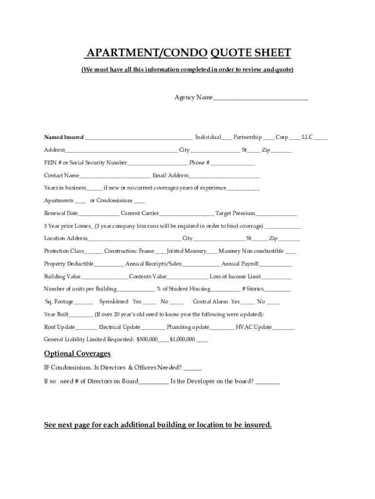 Fillable Online APARTMENT/CONDO QUOTE SHEET Fax Email Print - pdfFiller