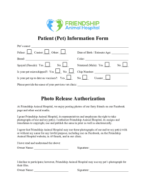 Fillable Online Patient (Pet) Information Form Photo Release ...