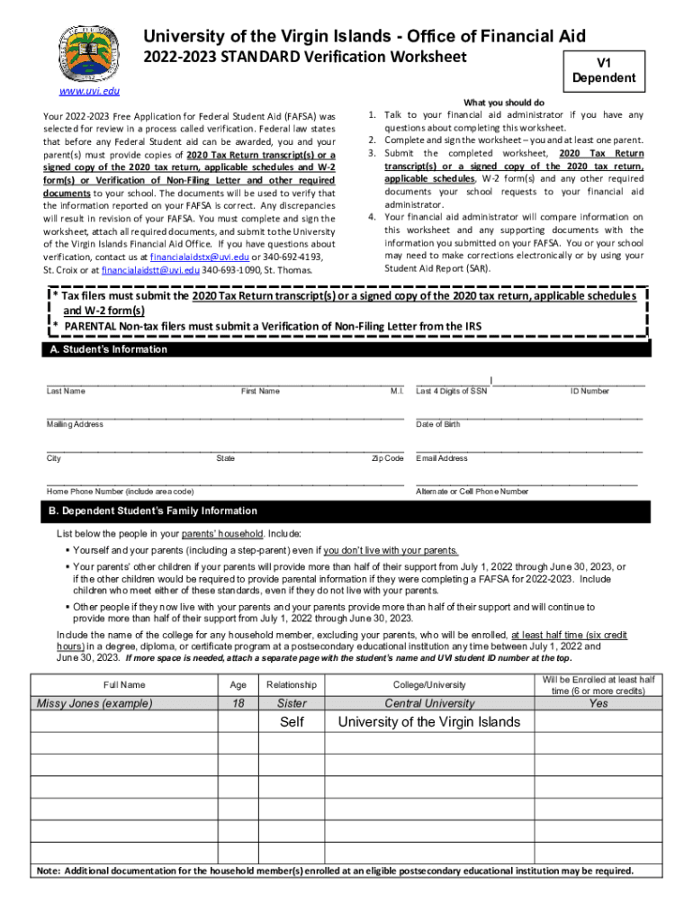 Fillable Online V1 2022-2023 Standard Verification Worksheet - Dependent.docx Fax Email Print ...