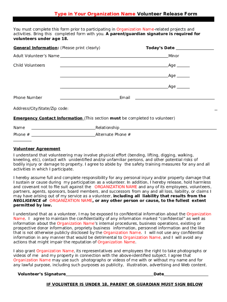 Sample Volunteer Waiver and Photo Release Doc Template | pdfFiller