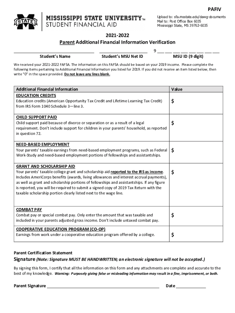 Fillable Online Parent Additional Financial Information Verification Fax Email Print - pdfFiller