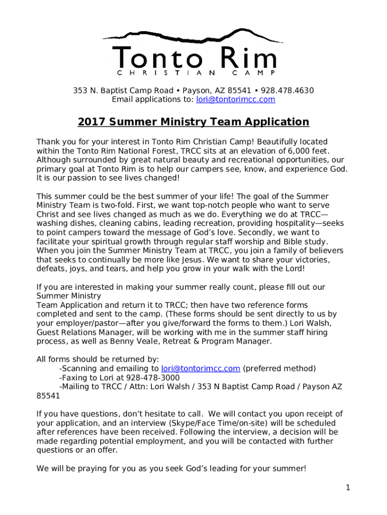 2017 Summer Ministry Team Application Doc Template | pdfFiller