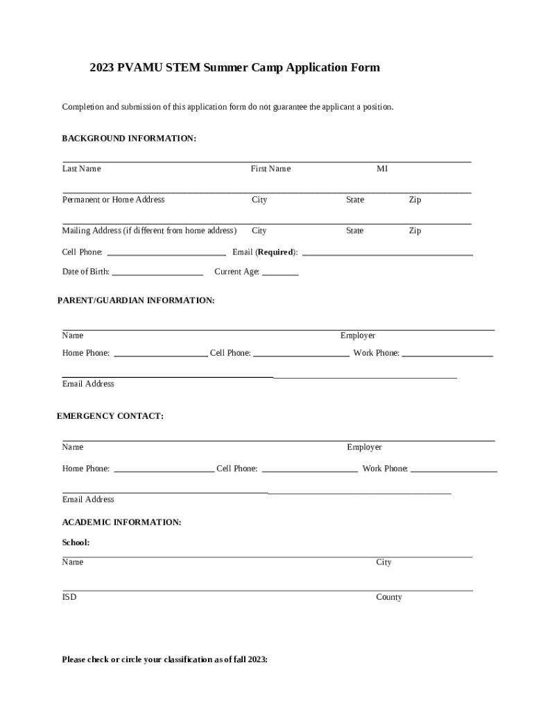 2023 PVAMU STEM Summer Camp Application Doc Template | pdfFiller