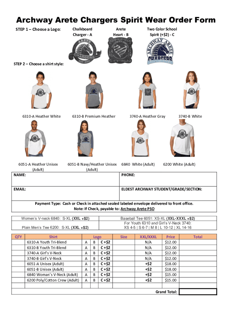 Fillable Online Archway Arete Chargers Spirit Wear Order Form Fax Email Print - pdfFiller