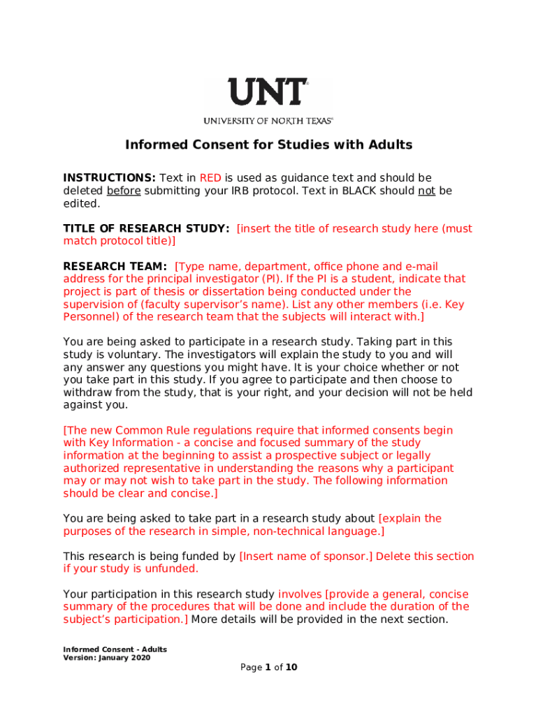 Ined Consent for Studies with Adults - research unt Doc Template ...