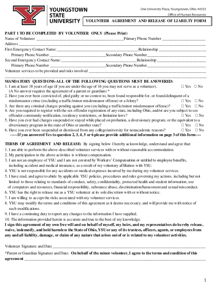 Fillable Online volunteer agreement and release of liability form Fax Email Print - pdfFiller