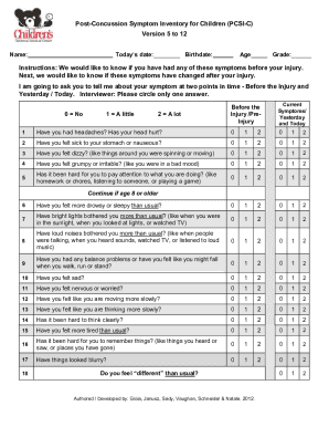 Fillable Online Post-Concussion Symptom Inventory for Children (PCSI-C ...