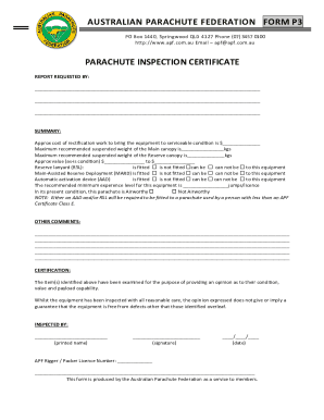 Fillable Online PARACHUTE INSPECTION CERTIFICATE AUSTRALIAN ... Fax ...