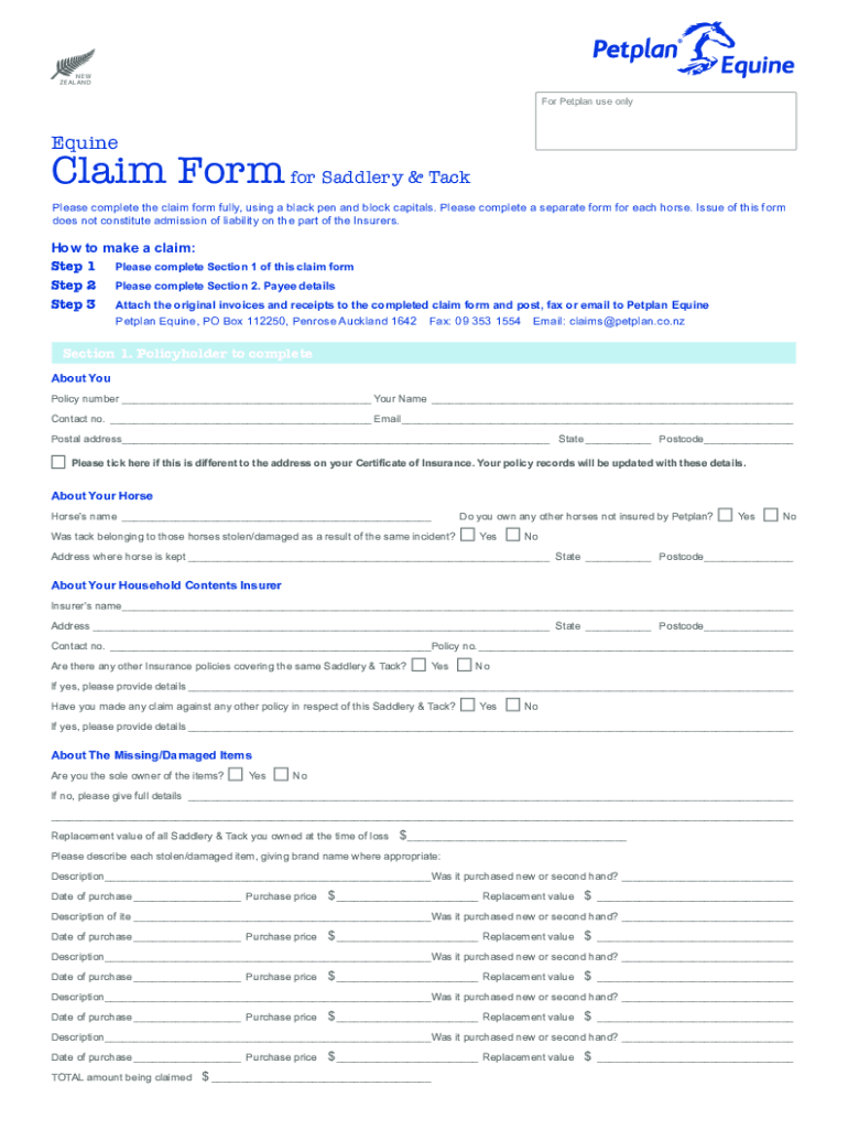 Fillable Online Petplan equine claim form: Fill out & sign online Fax Email Print - pdfFiller