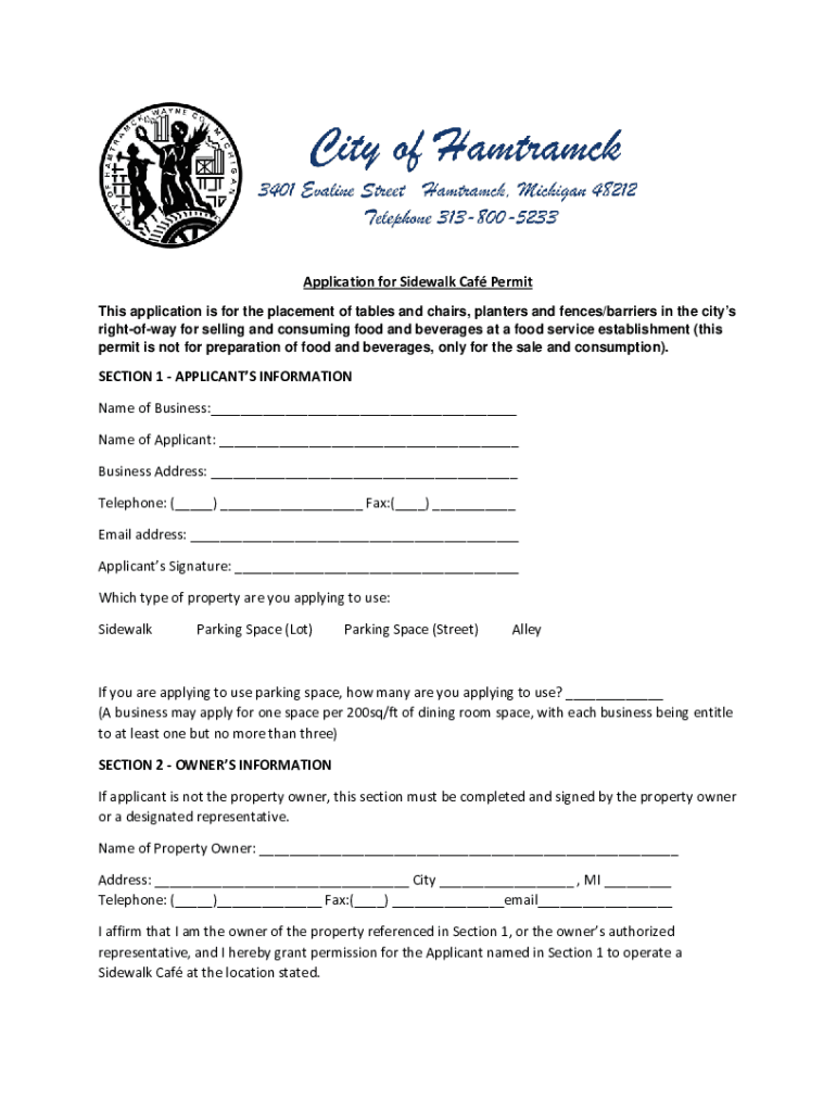 Fillable Online Application for Sidewalk Caf Permit SECTION 1 Fax Email Print - pdfFiller