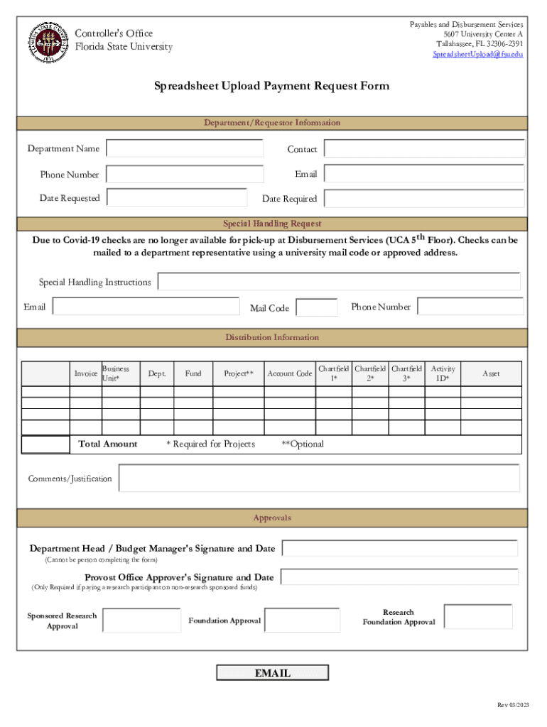 Fillable Online controller vpfa fsu Spreadsheet Upload Payment Request Form Fax Email Print ...