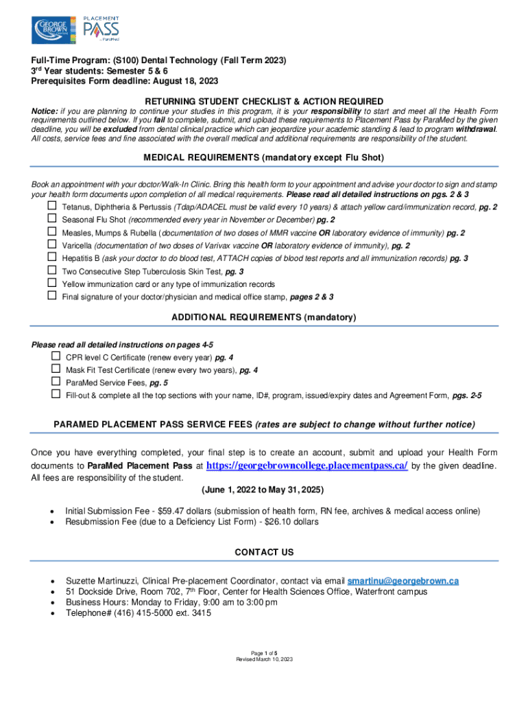 Fillable Online S100-DT-3rd-year-Prerequisite-Health-Form-Fall-term Fax ...