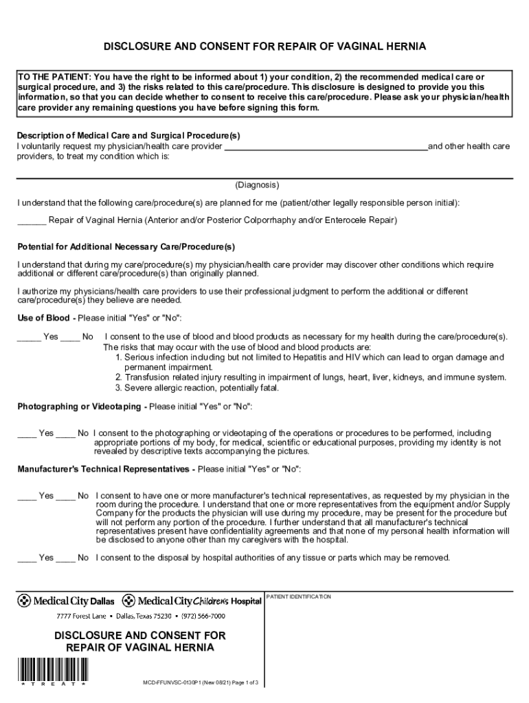 Fillable Online DISCLOSURE AND CONSENT FOR REPAIR OF VAGINAL HERNIA. Disclosure And Consent Fax ...