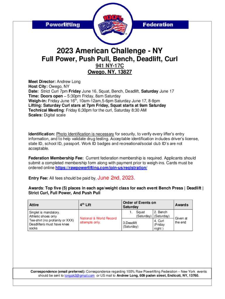 Fillable Online NY - Full Power, Push Pull, Bench, Deadlift, Curl Fax ...